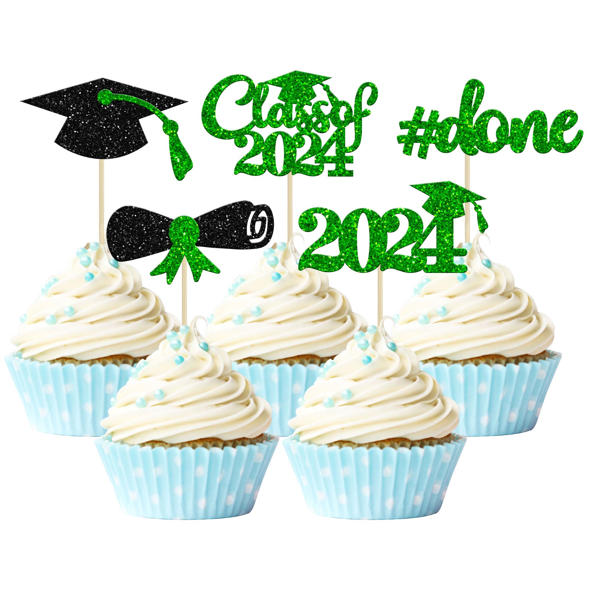 Gyufise 30Pcs 2024 Graduation Done Cupcake Toppers Green Glitter Class ...