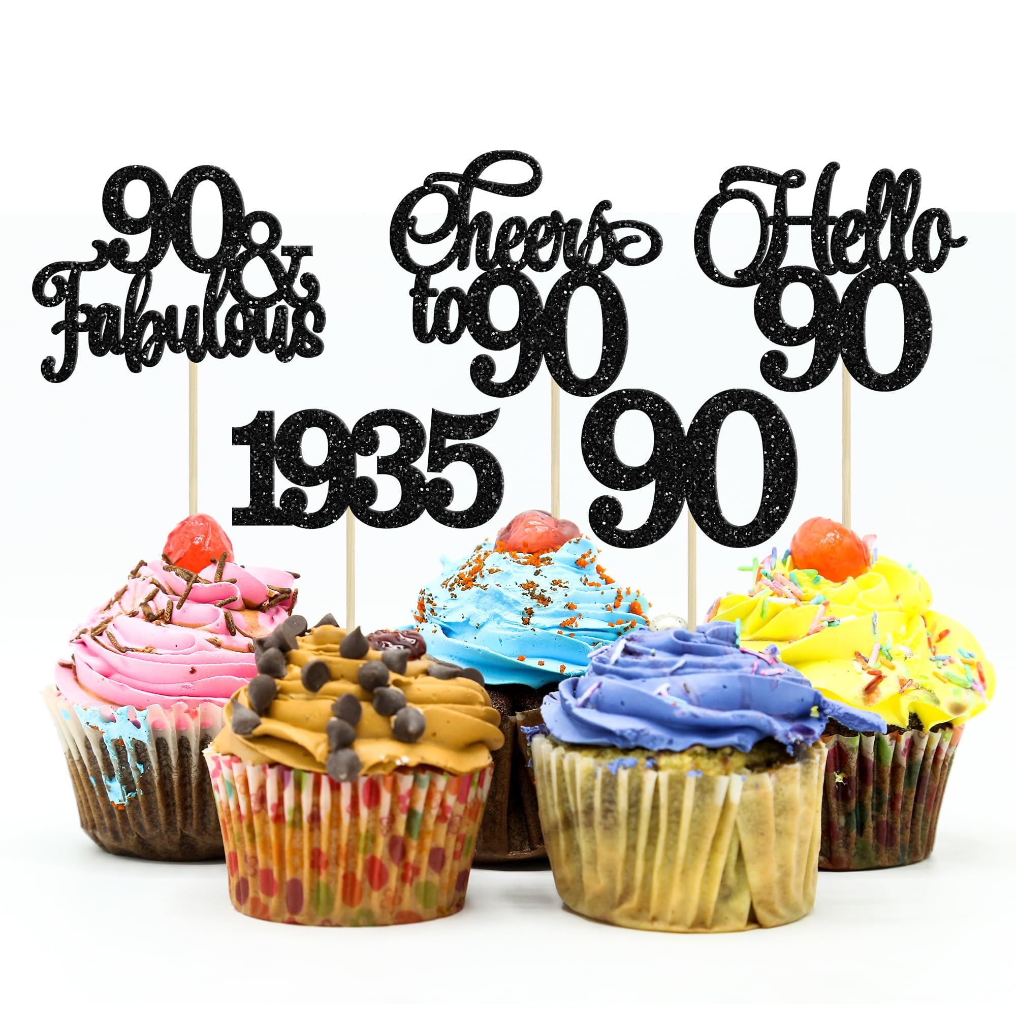 Gyufise 30Pcs 90th Birthday Cupcake Toppers 90 Fabulous Cupcake Picks Cheers to 90 1935 Cake ...