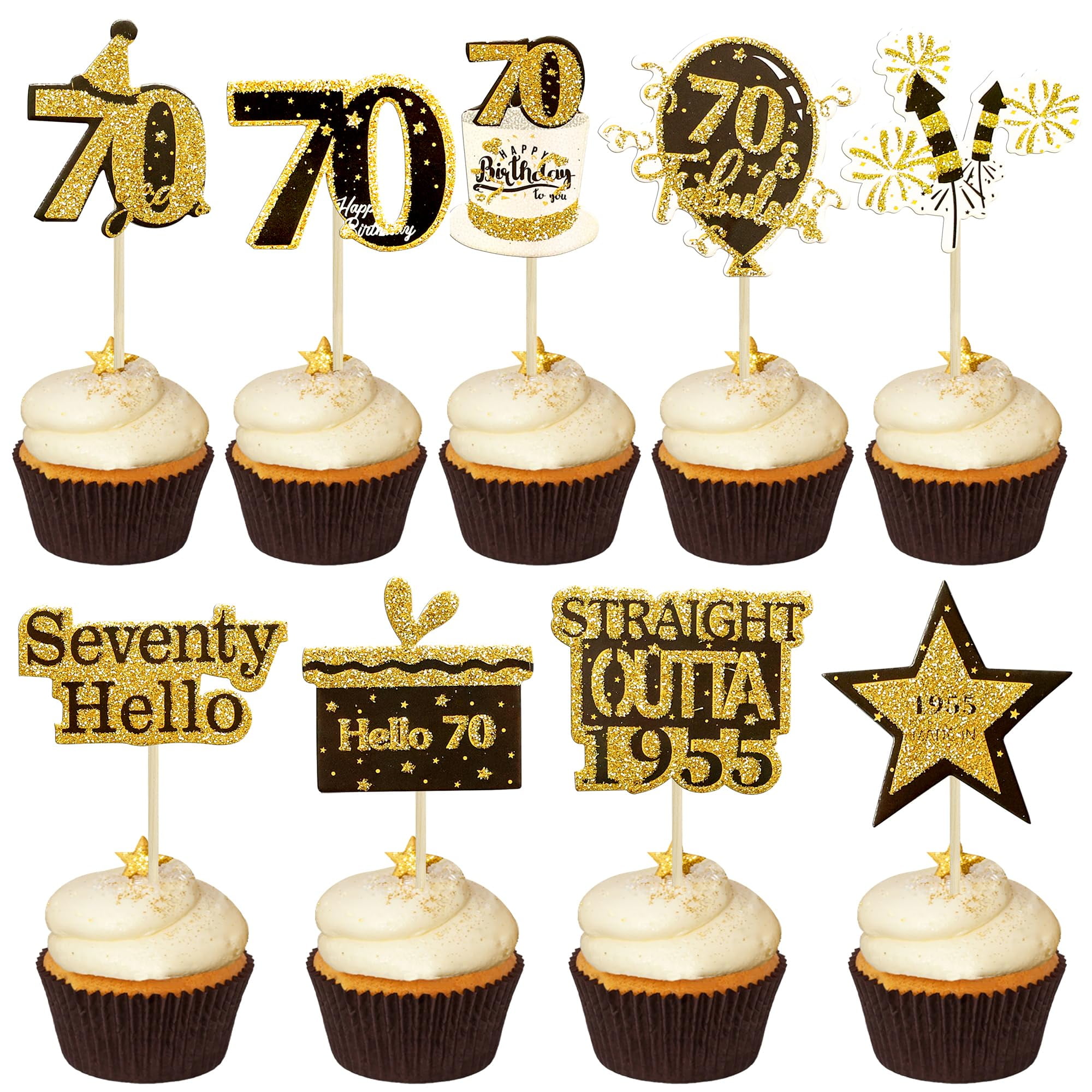 Gyufise 36Pcs Happy FEV6 70th Birthday Cupcake Toppers Glitter Gold ...
