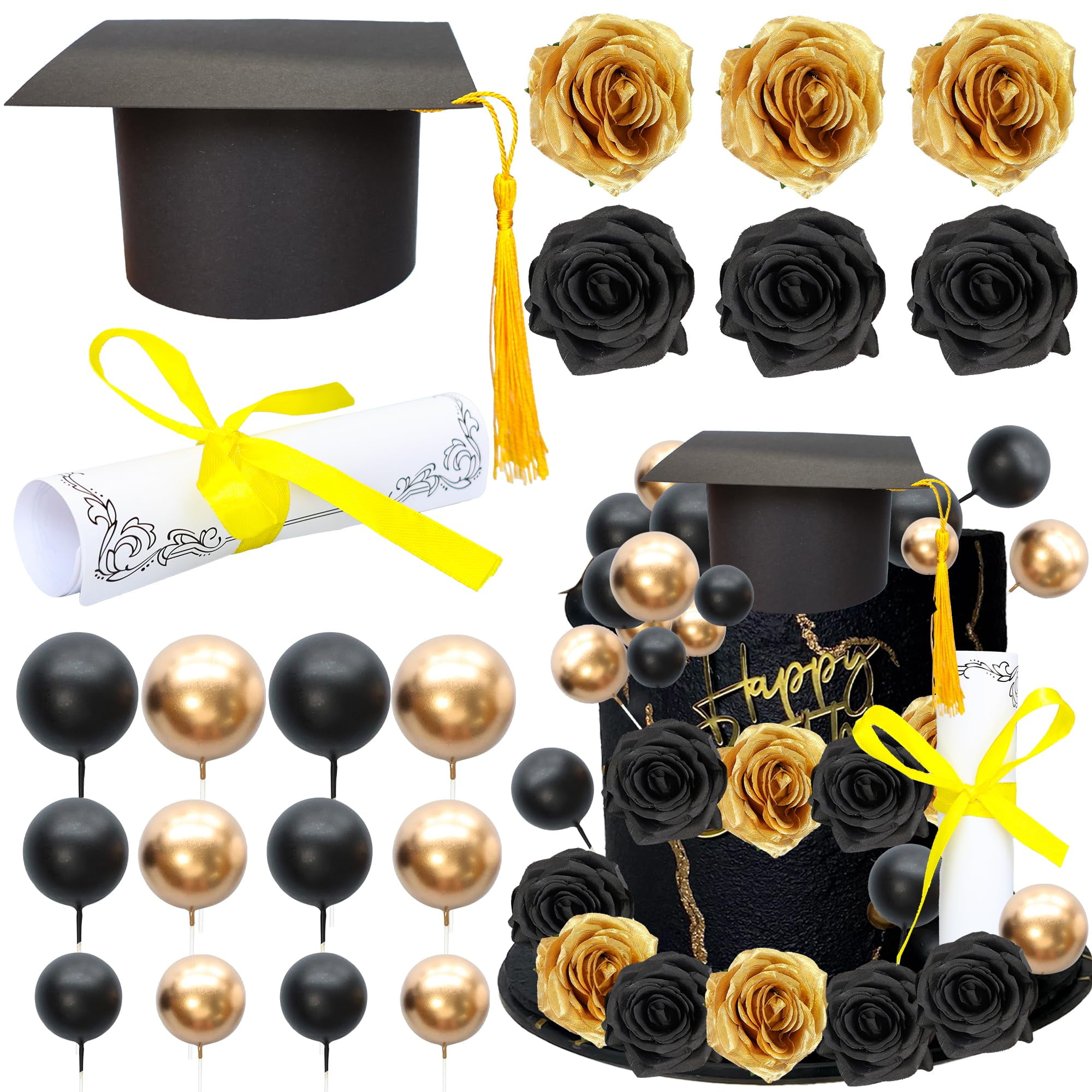 Gyufise 40Pcs 2025TRDN Graduation Cake Topper Decoration Done Grad Cap Cake Pick Balloon Flower ...