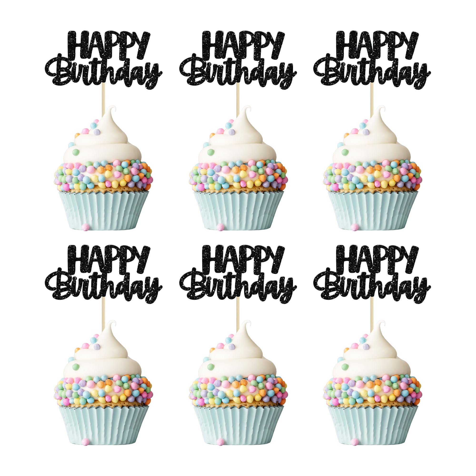 Gyufise Happy Birthday Cupcake Toppers Black COC1Glitter Birthday Cake Topper Picks Dessert ...