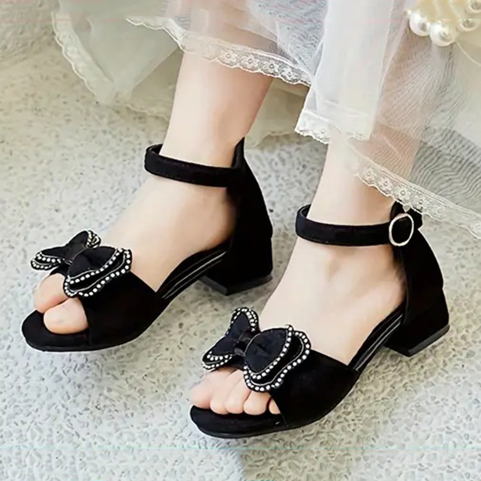 Gyujnb Girls Block Heel Sandals Rhinestone Bow Open Toe Ankle Strap ...