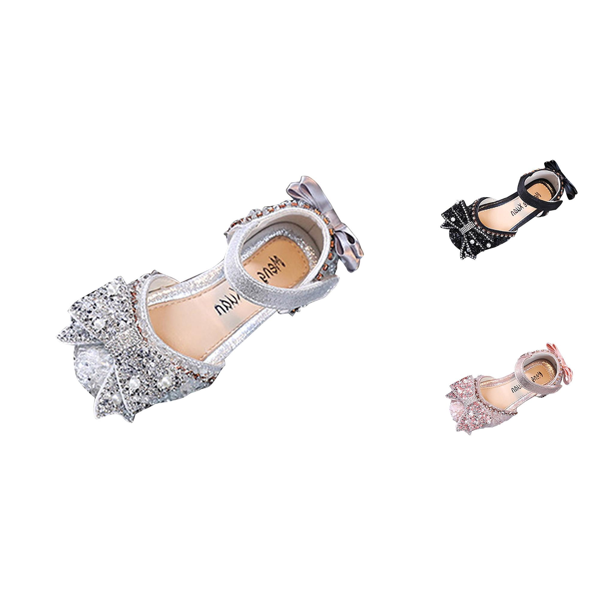 Gyujnb Girls Rhinestone Mary Jane Shoes Pearl Bow Hook and Loop Flat ...