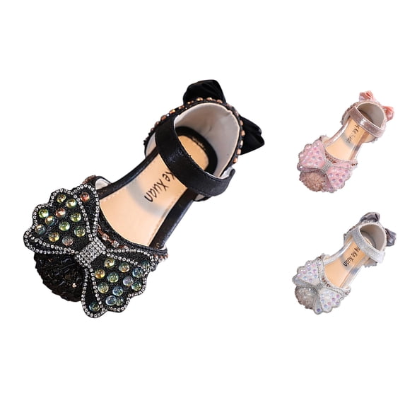 Gyujnb Girls Rhinestone Sandals Bow Decor Hook and Loop Low Heel ...