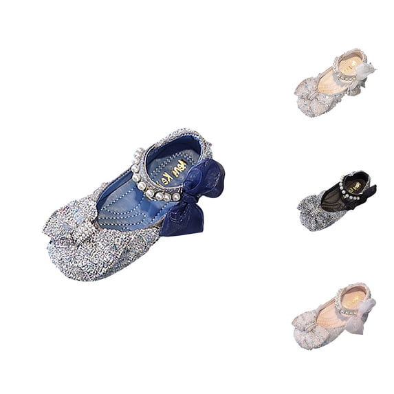 Gyujnb Girls Sequin Mary Jane Shoes Pearl Rhinestone Bow Hook and Loop ...