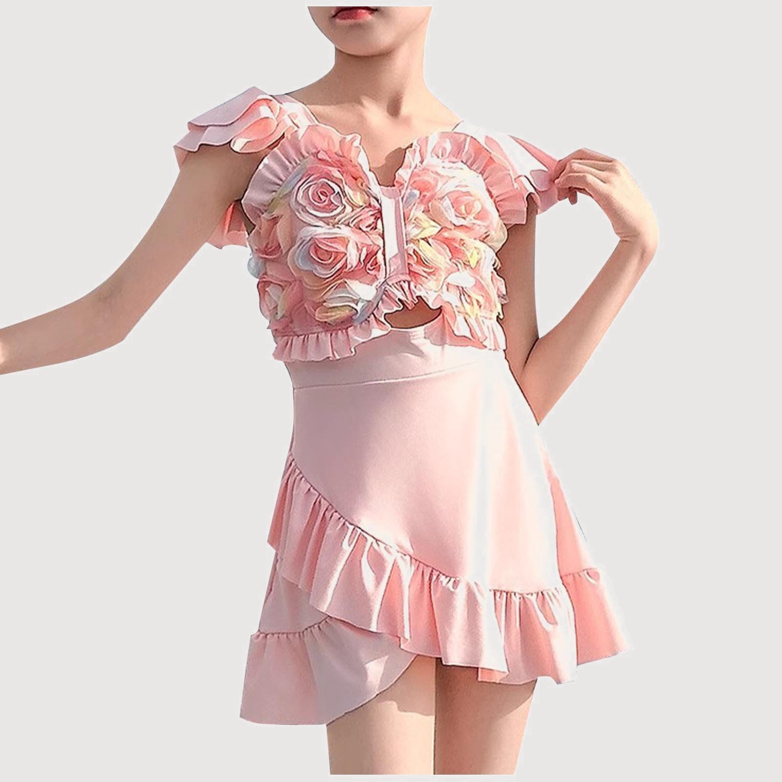 Gyujnb Swim Dress with 3D Floral Detail and Ruffle Trim Cute Swimwear ...