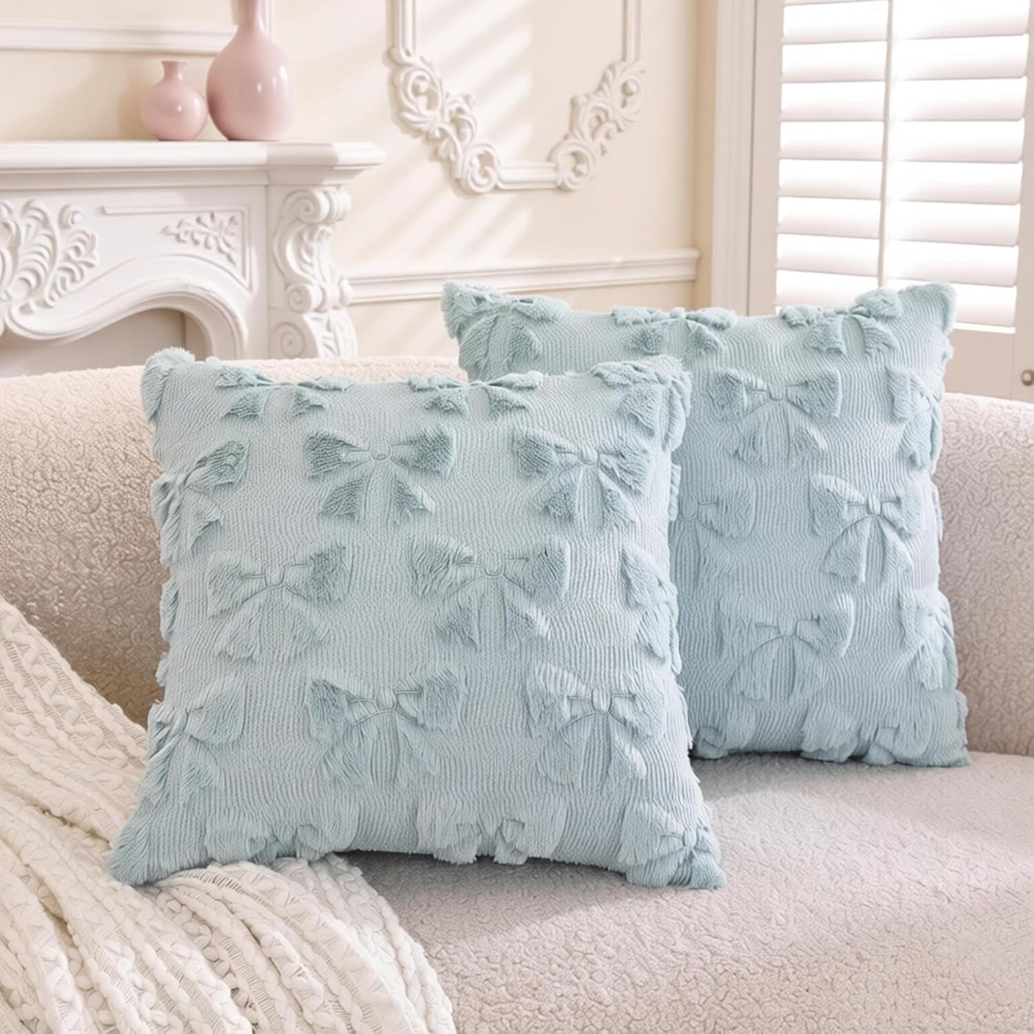 Gyulin 18x18 Inch Faux Fur Throw Pillow Covers Set of 2 - Blue Cute Bow ...
