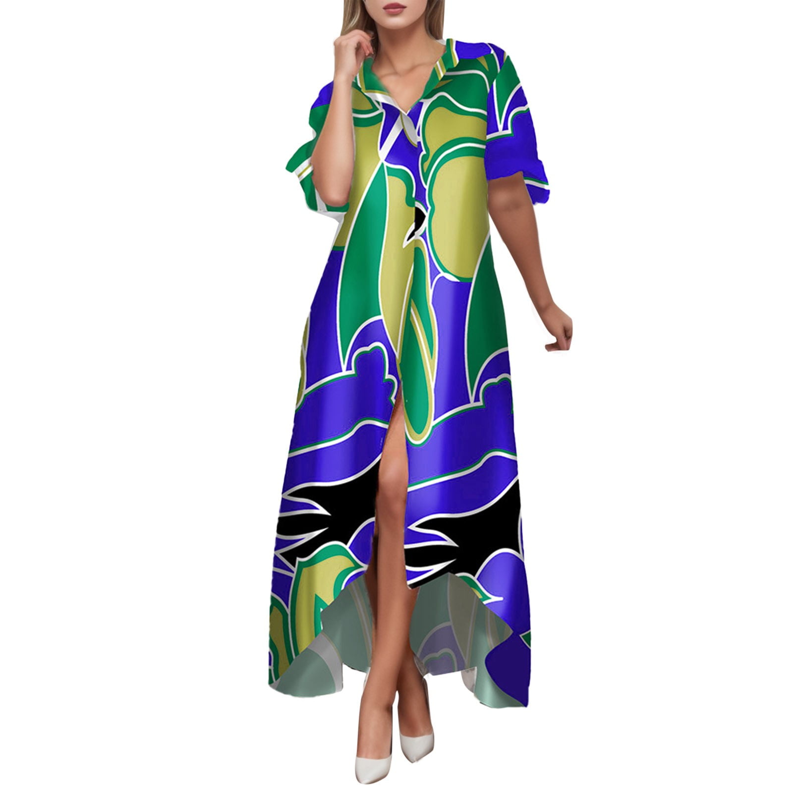 Gzea Plus Size Dress Womens Fashion Lapel Button Flower Print Sexy Shirt Dress Blues