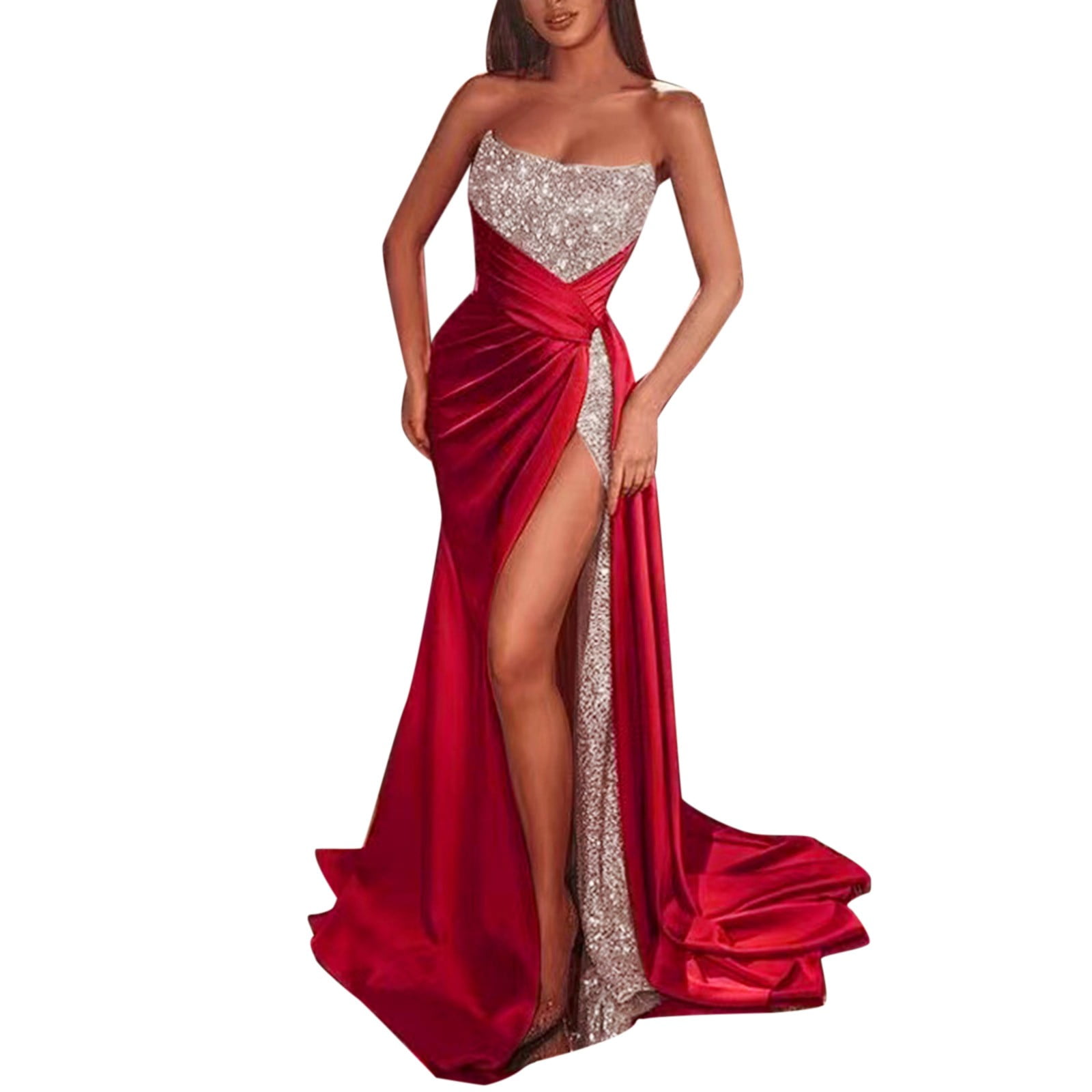 Gzea Plus Size Formal Dress Womens Sequin Split Plus Long Dress Sexy Strapless Bustier Big