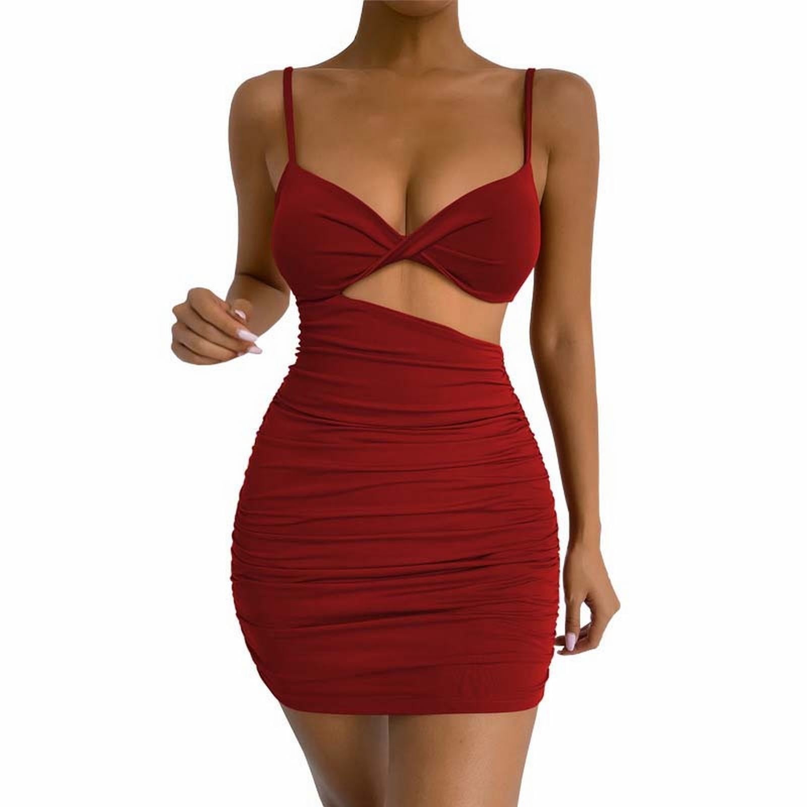 Gzea Summer Dress Plus Size Womens Bodycon Sleeveless Deep V Neck