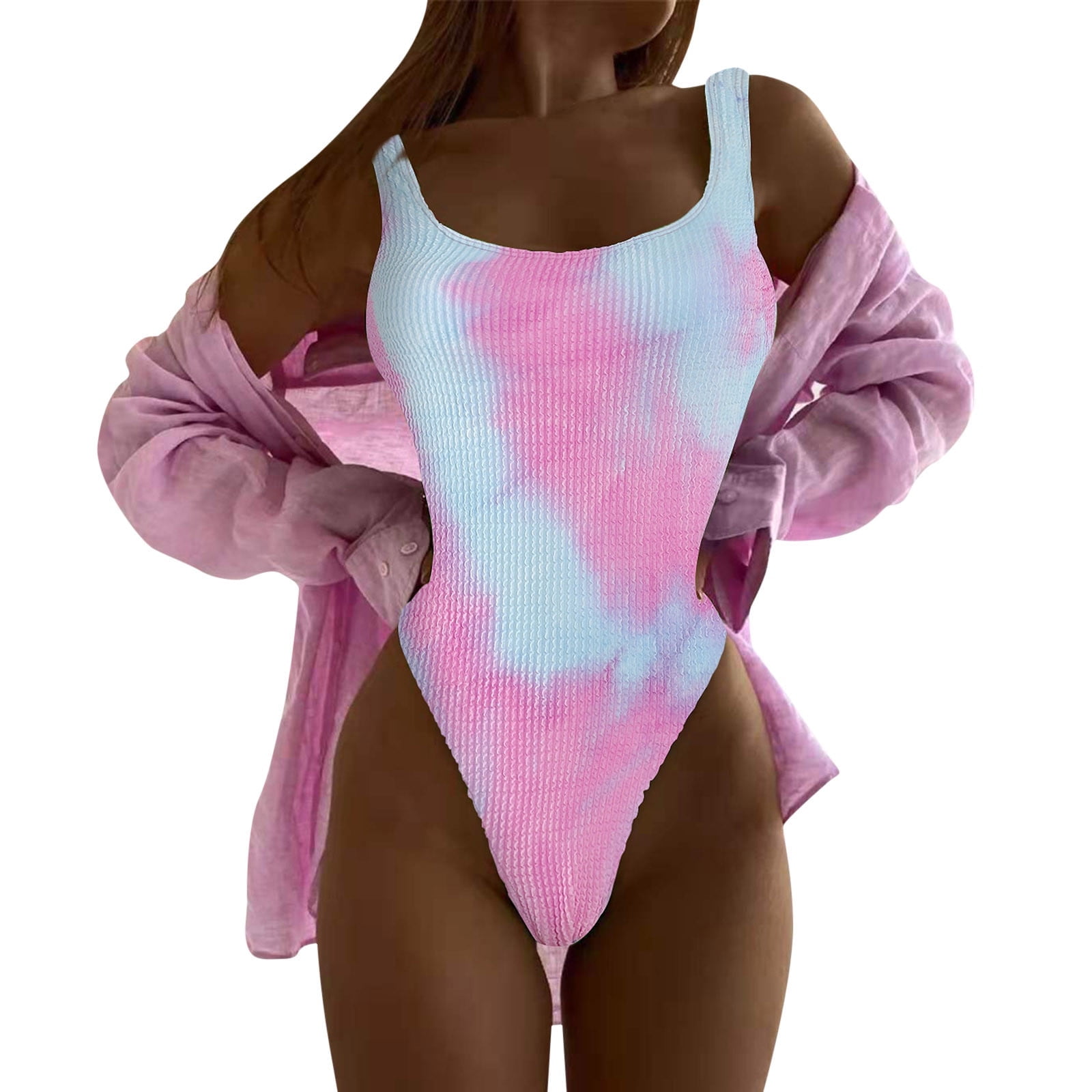 Gzea Swimsuit One Piece For Women Sexy Tie Dye Print Swimsuits U Neck