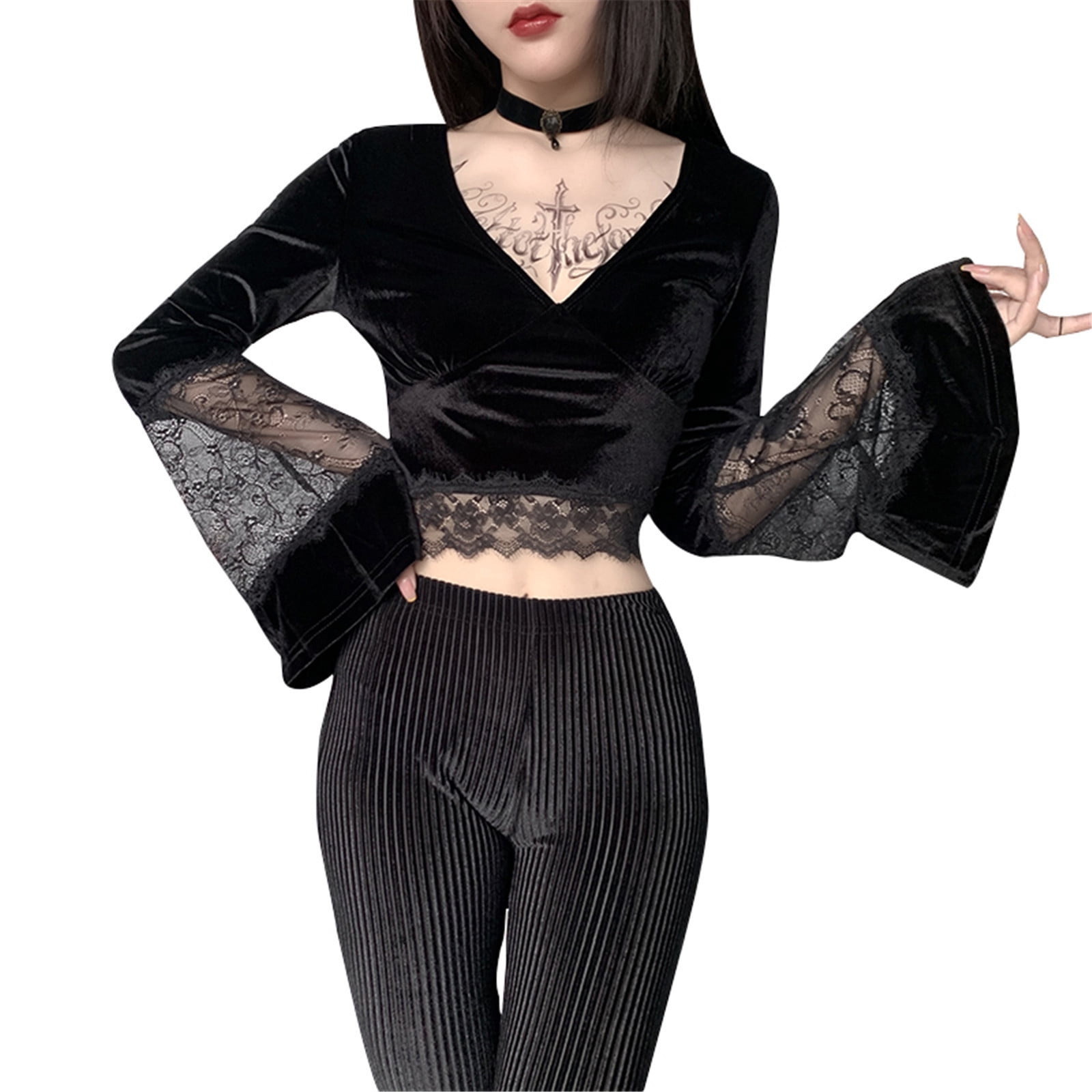Gzea Woman Long Sleeved Shirts Womens Sexy Gothic Retro Elegant Black ...