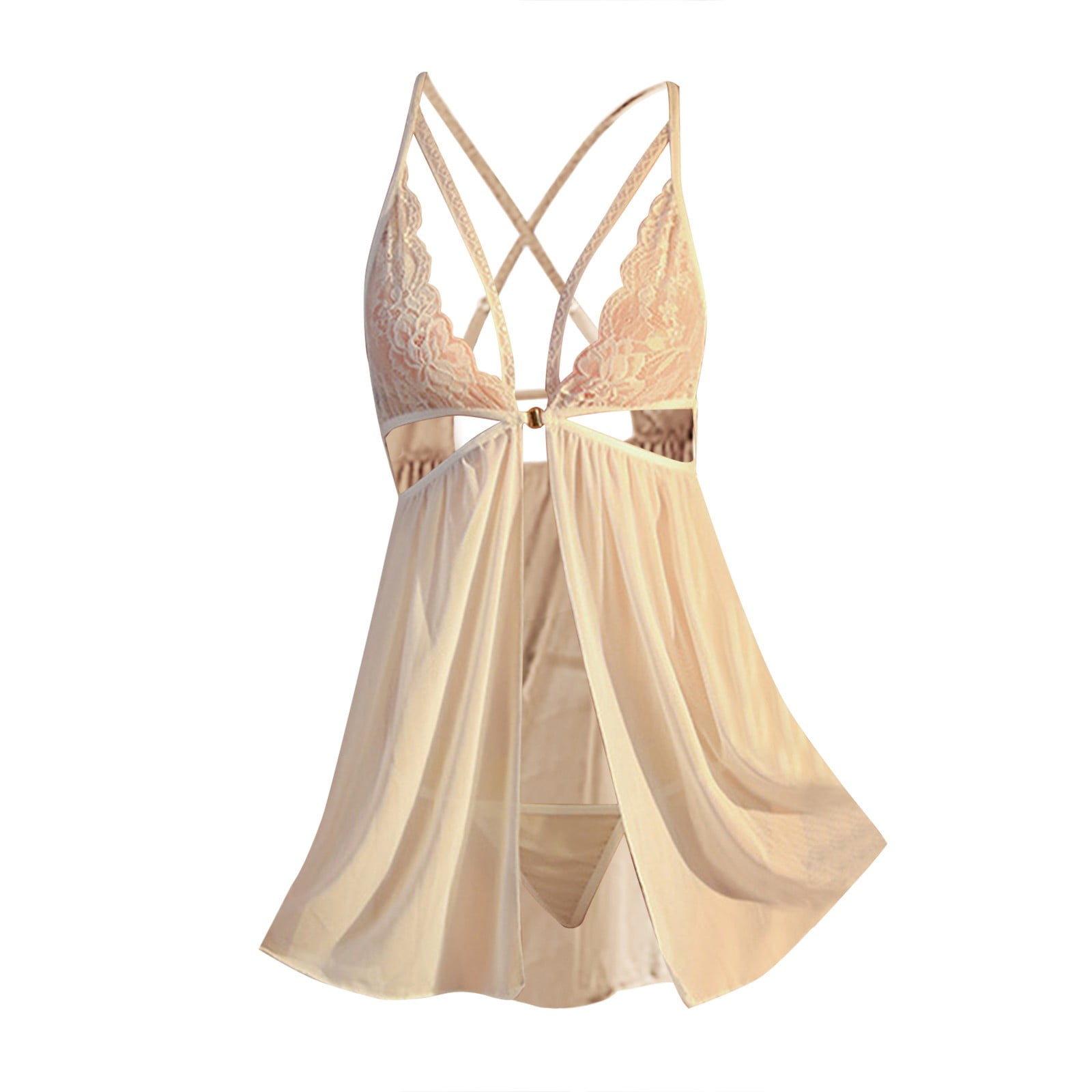 Gzea Womens Sexy Lace Mesh Hollow Nightdress Suspender Deep V Thong