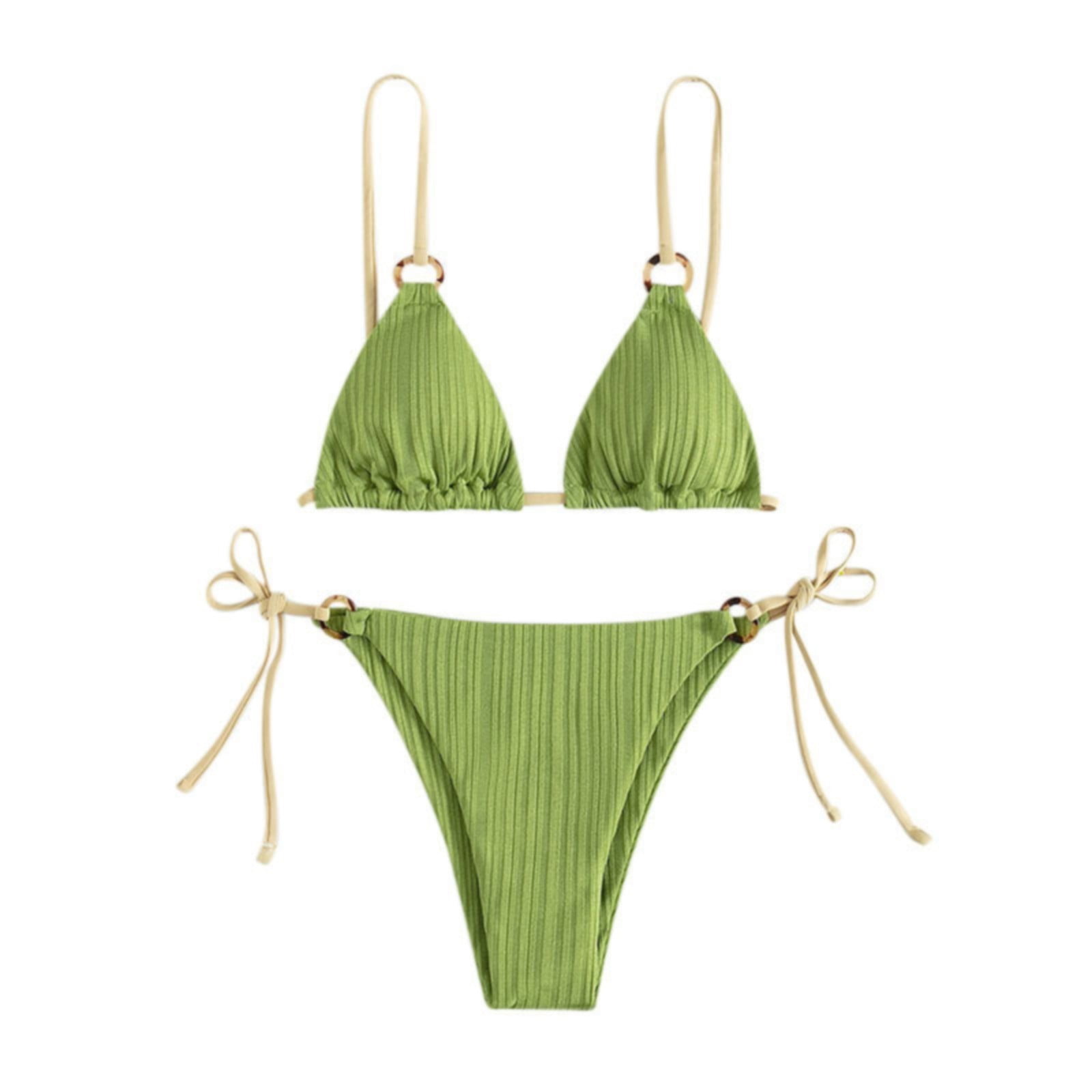 Gzea Womens Sexy Ruched Tie Front 2 Piece Bikini Set Solid High Cut Triangle Swimsuit Bathing