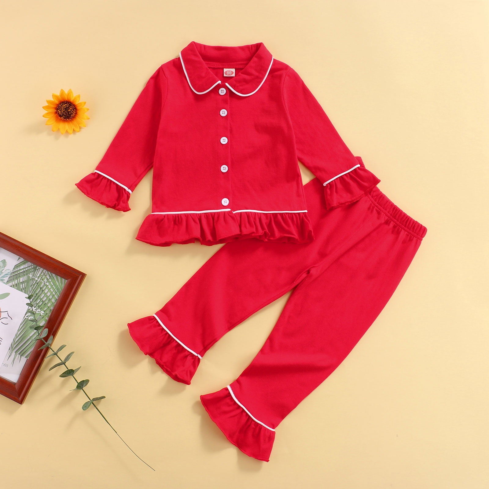 Gzhioc Baby Girl Pajamas, Long Sleeve Lapel Ruffle Hem Buttons Red Tops ...