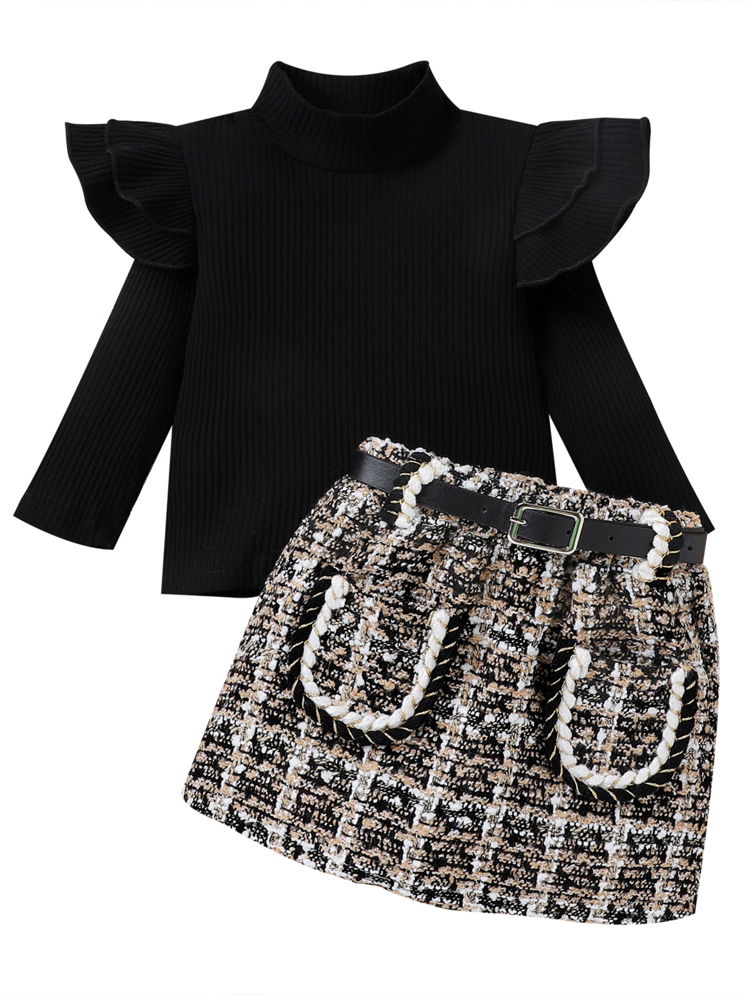 Gzhioc Kids Girls Skirt Set, Long Sleeve Semi-high Collar T-shirt with ...