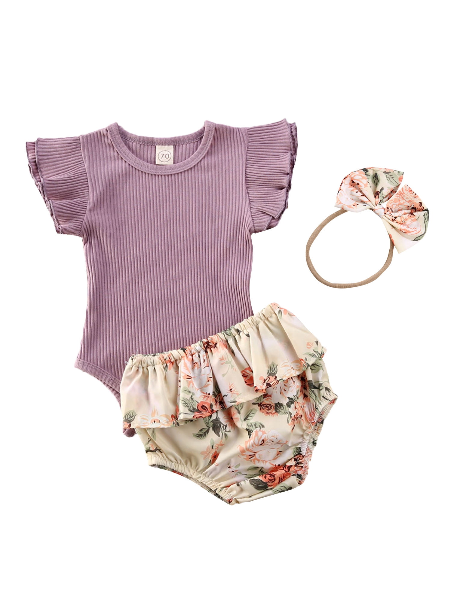 Gzhioc Newborn Baby Girls Summer Short Sleeve Ribbed Romper Ruffle Floral Bloomers Short Pants ...