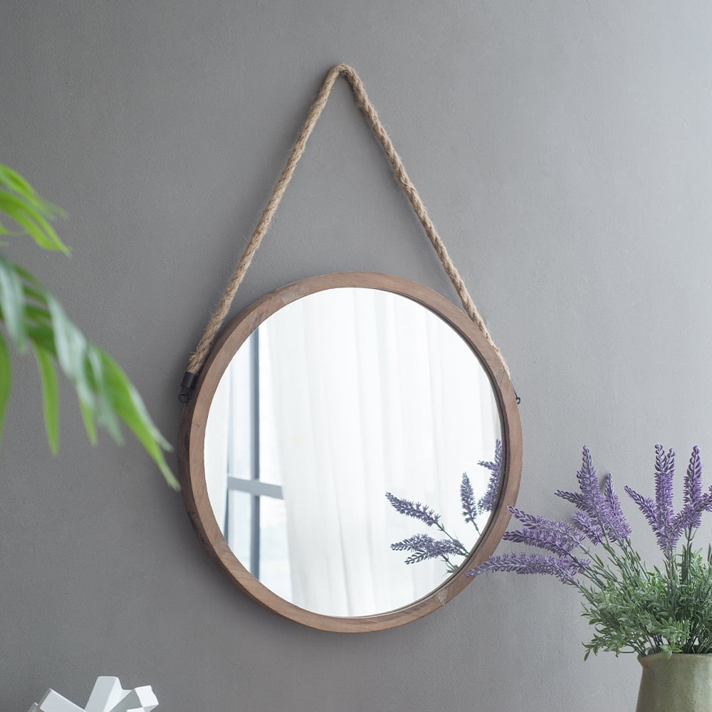 Gzxs 19" Round Mirror, Wall Mounted Decorative Circle Mirror with Brown ...