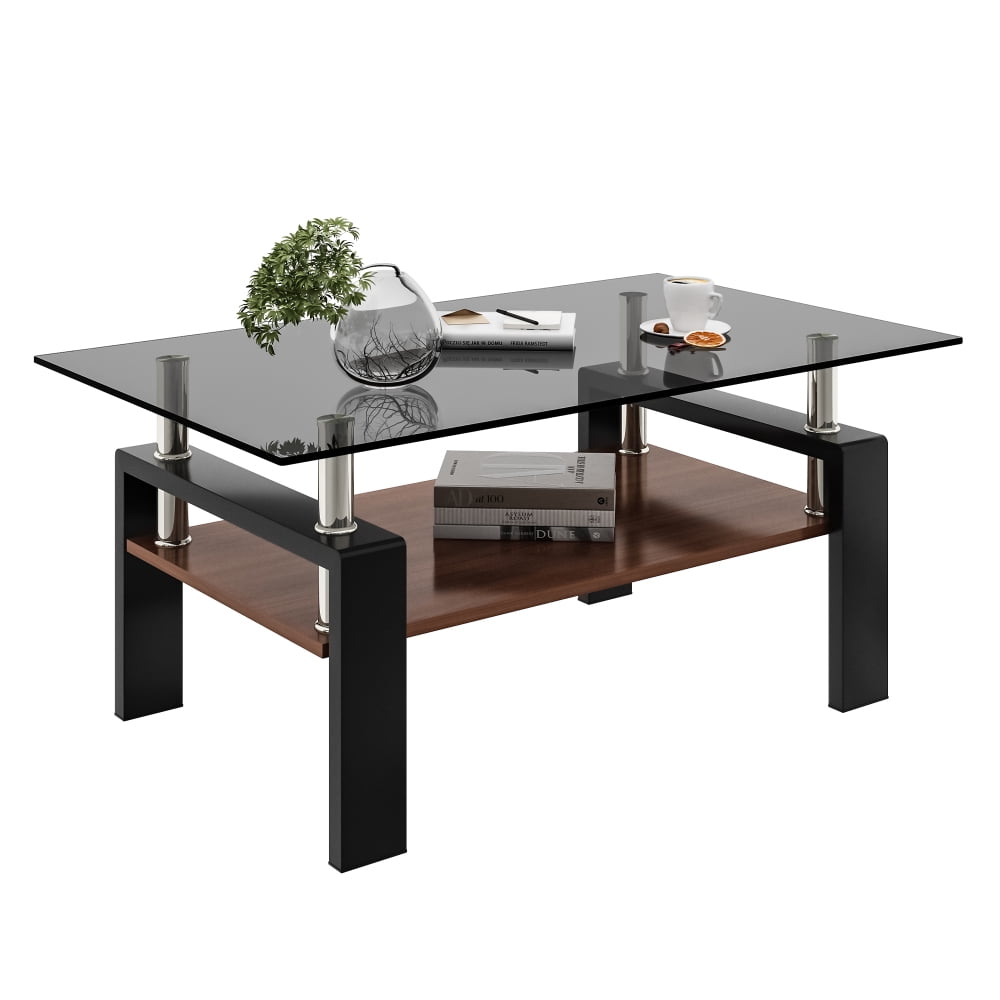 Gzxs 2 Tier Coffee Table with Gray Glass Top and Brown MDF Shelf ...