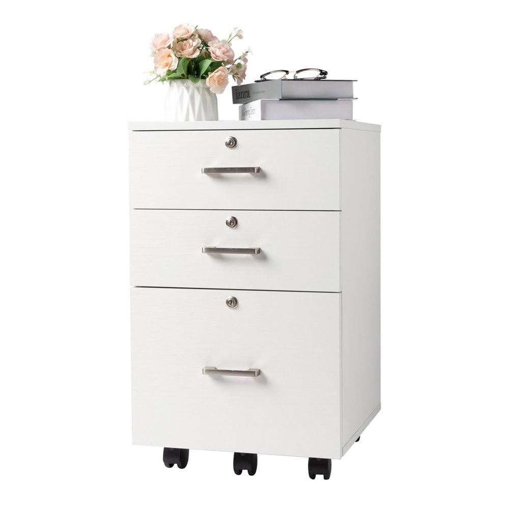 Gzxs Rolling Filing Cabinet with Lockable Wheels, White Wood Filing ...