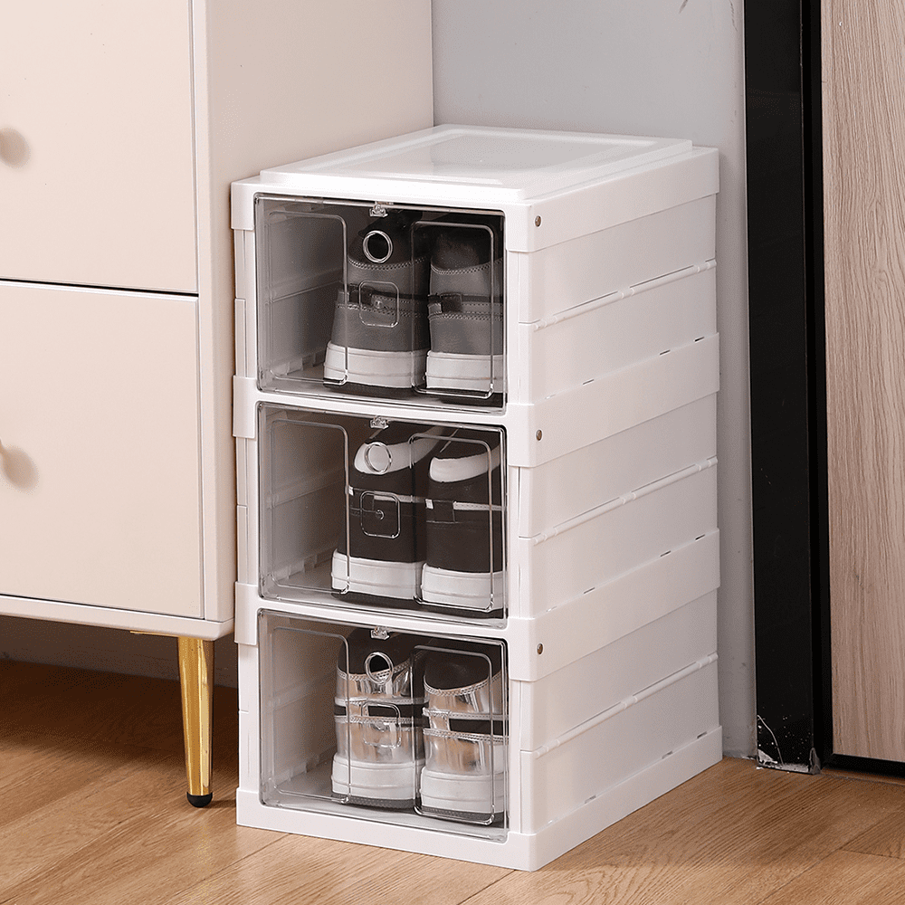 Gzxs 3-Tier Shoe Organizer Stackable Storage Bins, Plastic FoldableShoe ...