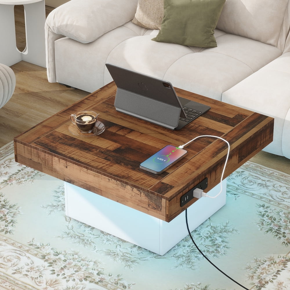 Gzxs 31.4 Inch Square LED Coffee Table with LED Light, 2 USB Ports and ...