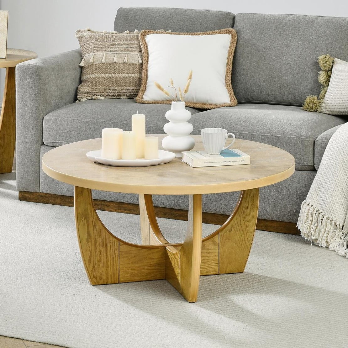 Gzxs 36 Inch Round Wood Coffee Table with Crossed Base, Oak Color ...