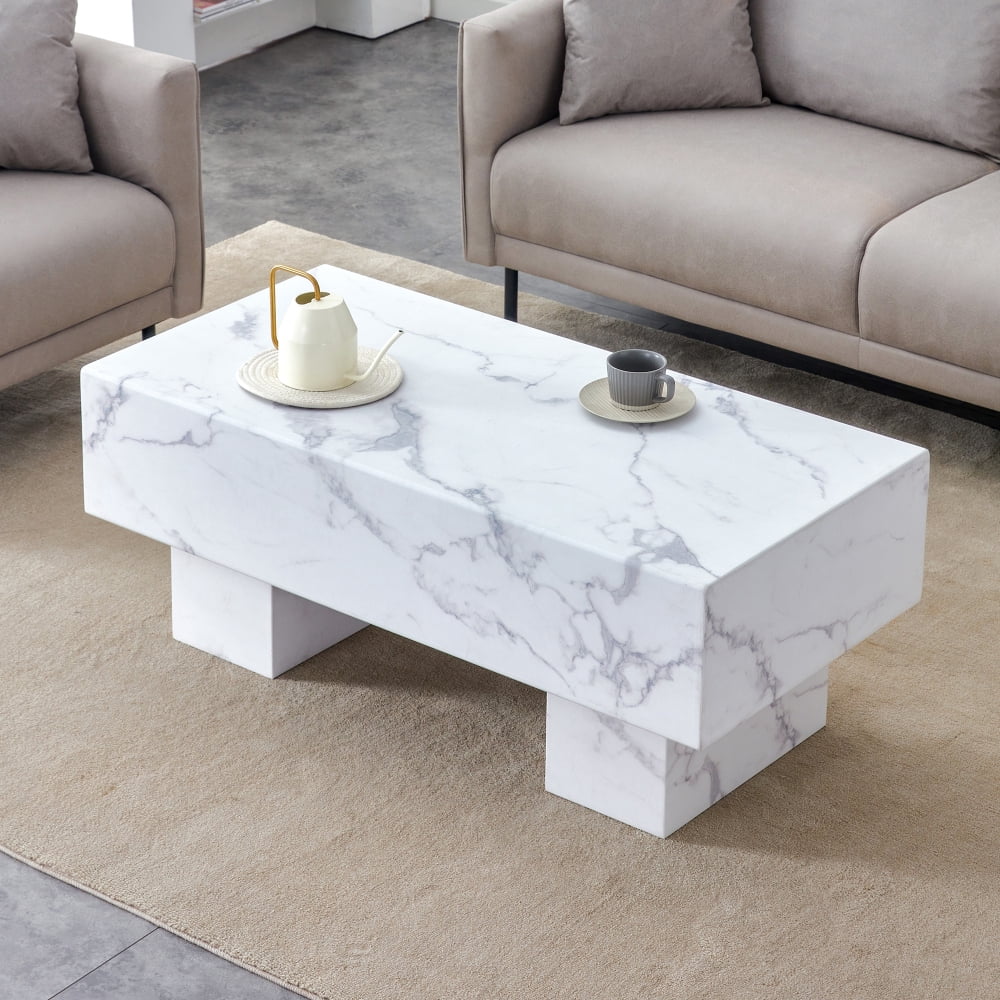 Gzxs 43.3" MDF Coffee Table in White Marble Texture, Modern Minimalist ...
