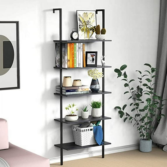 Gzxs 5-Shelf Wood Modern Bookcase, Open Wall Mount Ladder Bookshelf ...
