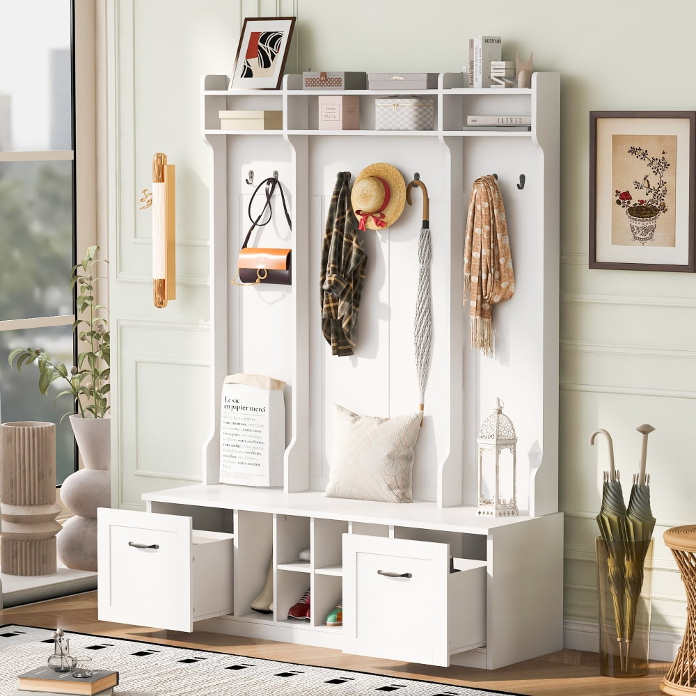 Gzxs 58.8" Wide Hall Tree with Coat Rack, 7 Hooks, Storage Bench ...