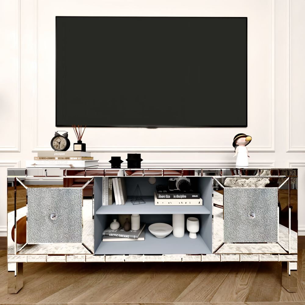 Gzxs 59" Mirrored TV Stand, Modern Silver Entertainment Center with ...