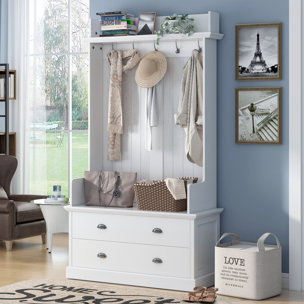 Gzxs 75"H Vintage Hall Tree, White Entryway Hallway Coat Rack with 5 ...