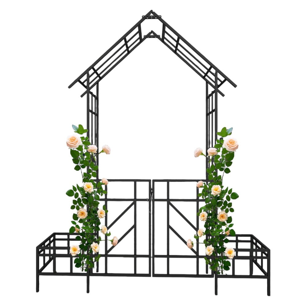 Gzxs 97"H Metal Garden Arch with Gate and Side Planters, Outdoor Rose ...