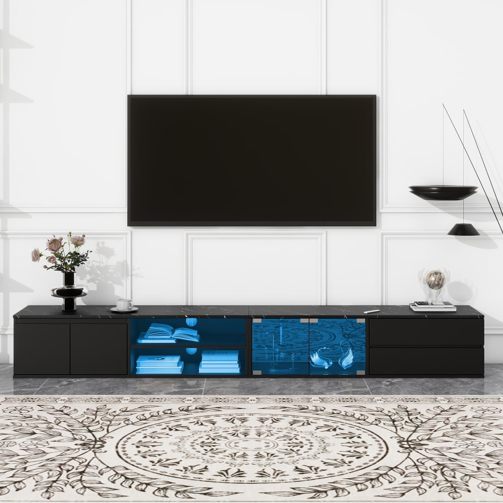 Gzxs APP-Controlled LED TV Console with Tempered Glass Doors, Storage ...