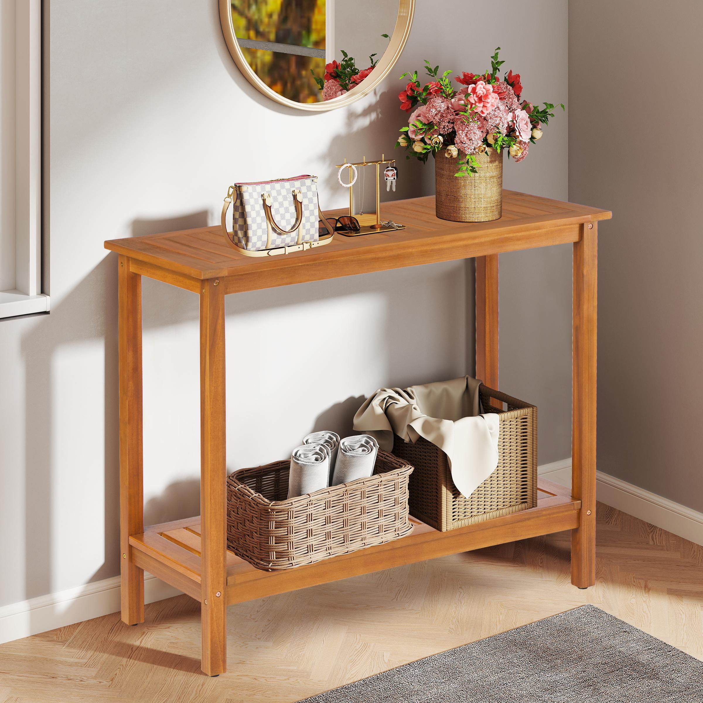 Gzxs Acacia Wood Console Table, 2-Tier Outdoor Buffet Table with ...