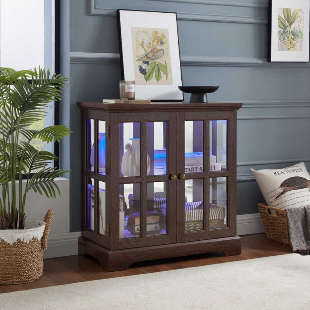 Gzxs Accent Lighted Glass Cabinet with 2 Doors and Adjustable Shelf ...