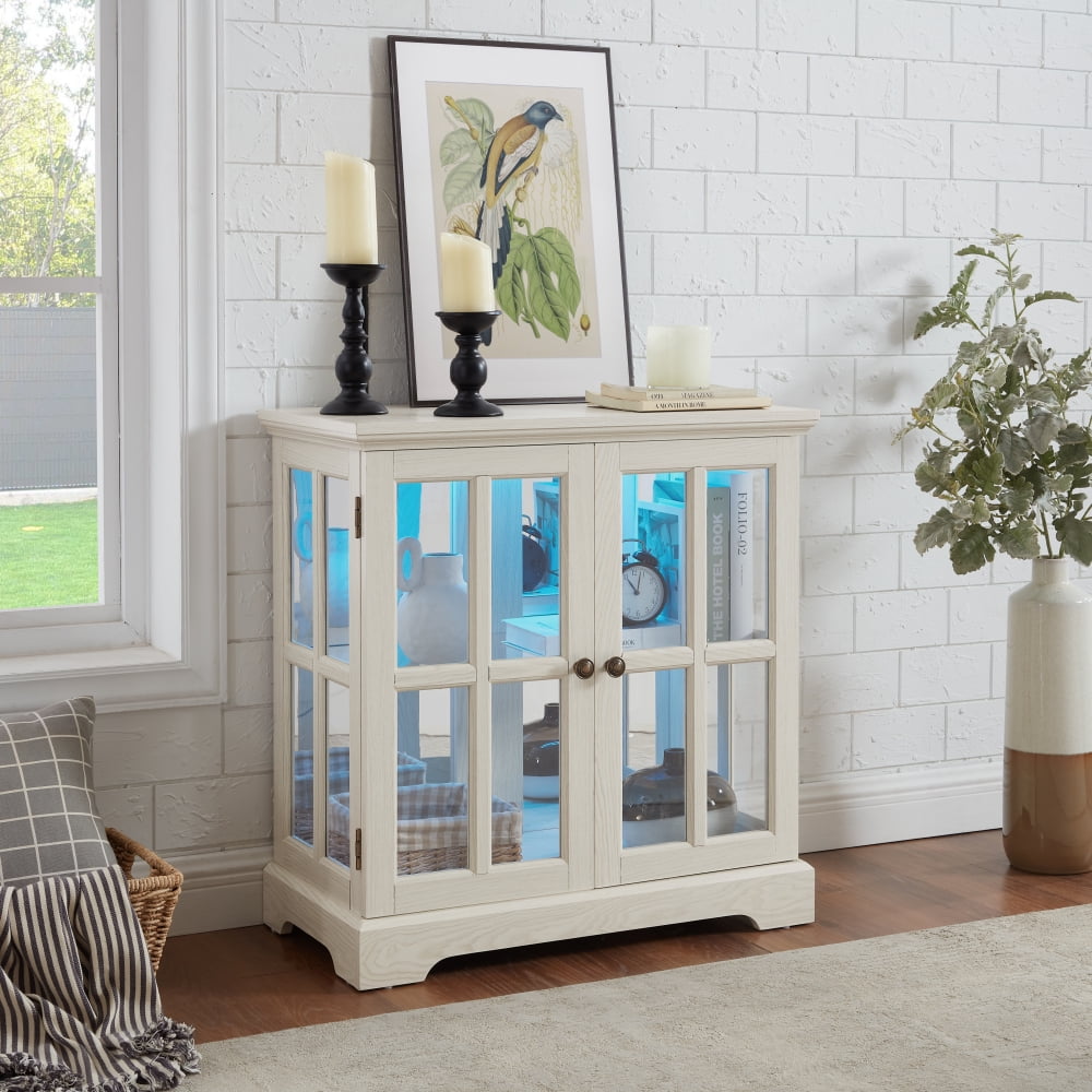 Gzxs Antique White Storage Cabinet with LED Light Strip and Adjustable Glass Shelf, Curio ...