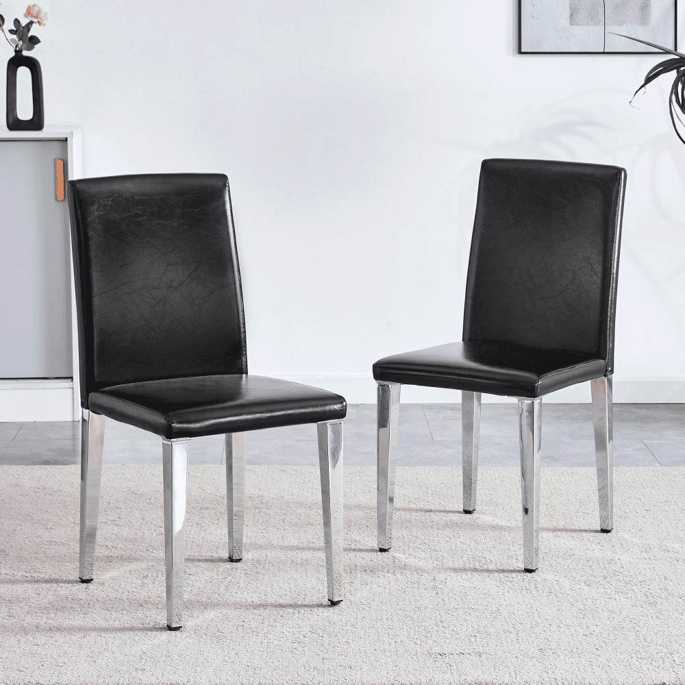 Gzxs Black PU Dining Chairs Set of 2 with Silver Metal Legs, Ergonomic ...