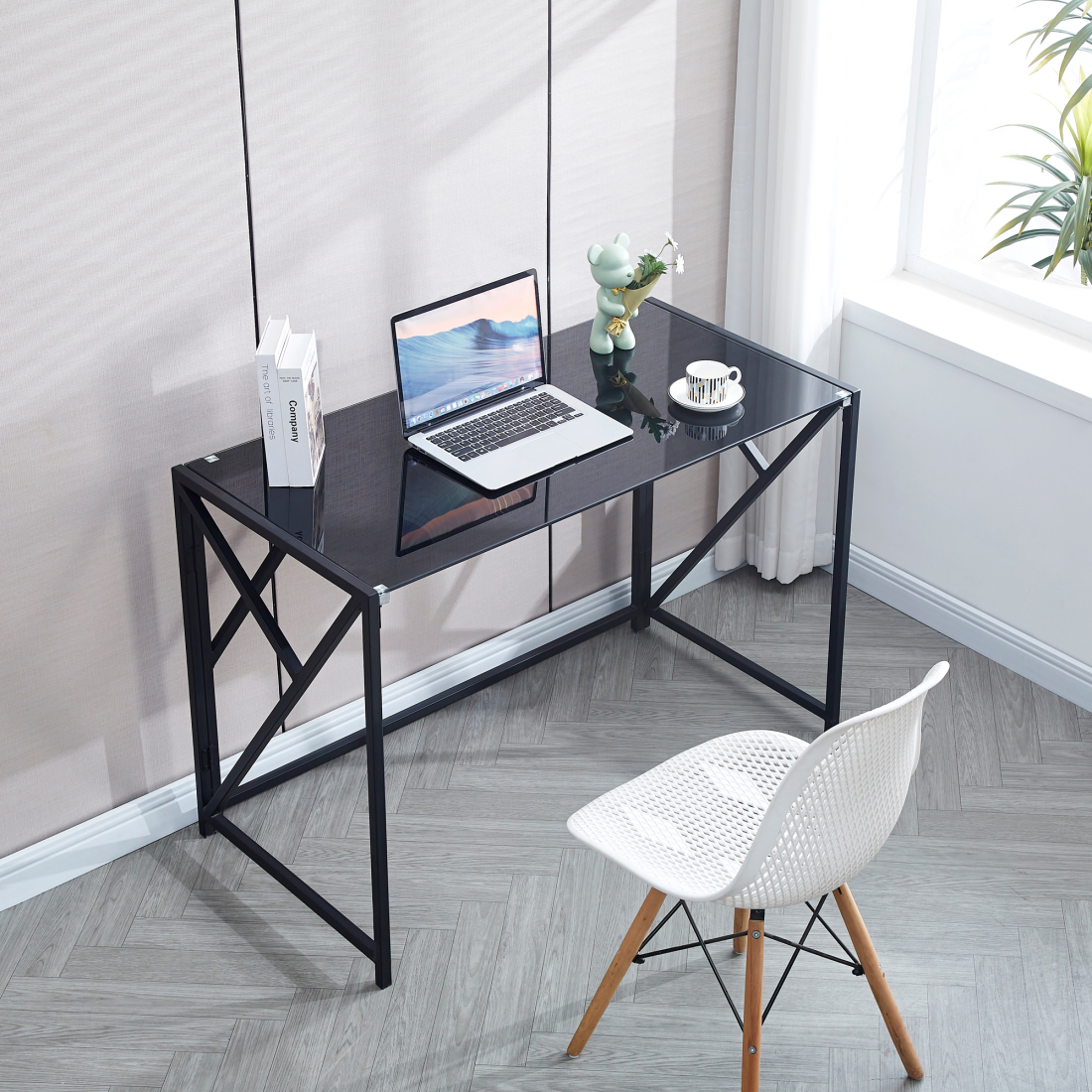 Gzxs Black Tempered Glass Computer Desk with Metal Legs for Home Office ...