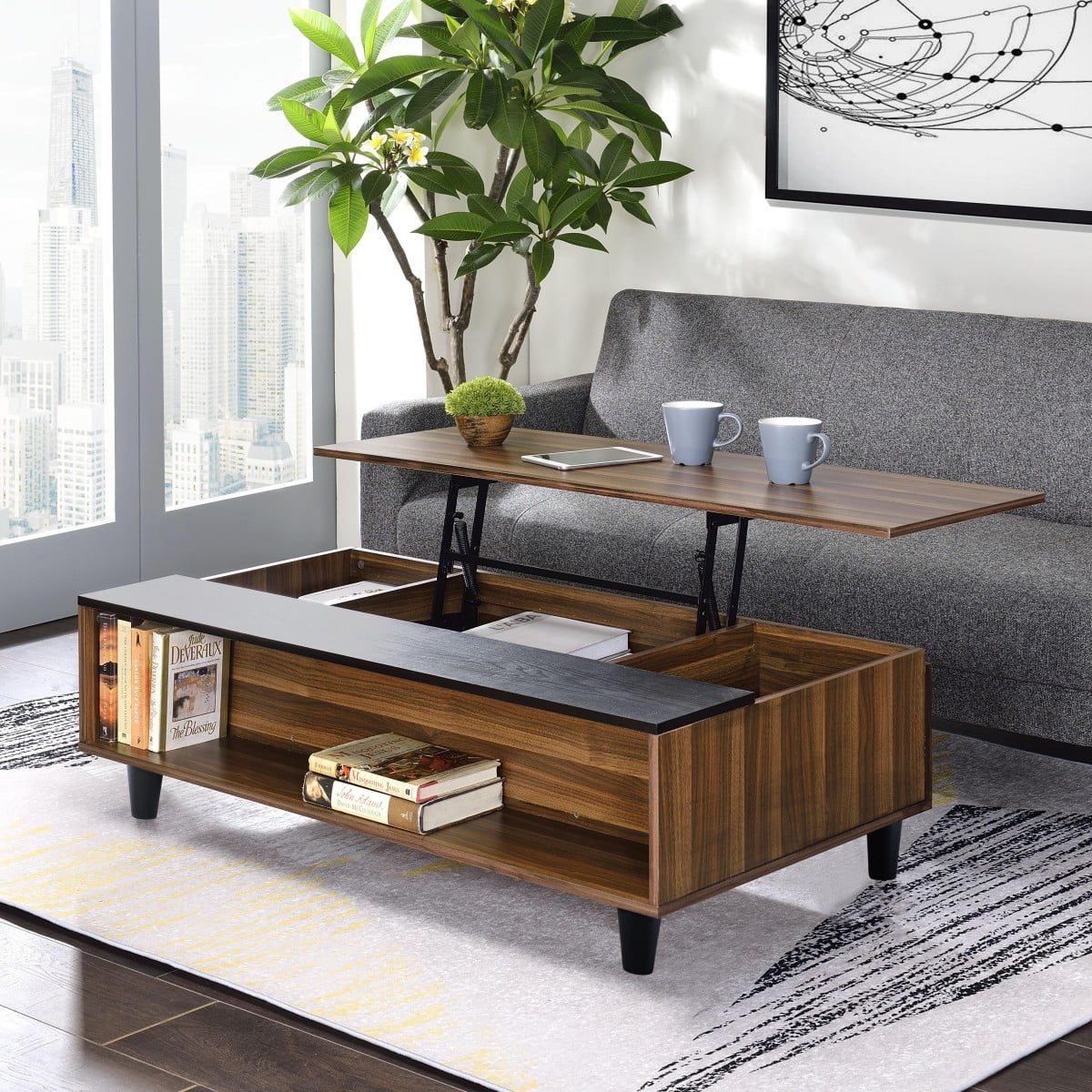 Gzxs Farmhouse Lift Top Coffee Table with Side Shelf, 47" Rustic Center ...