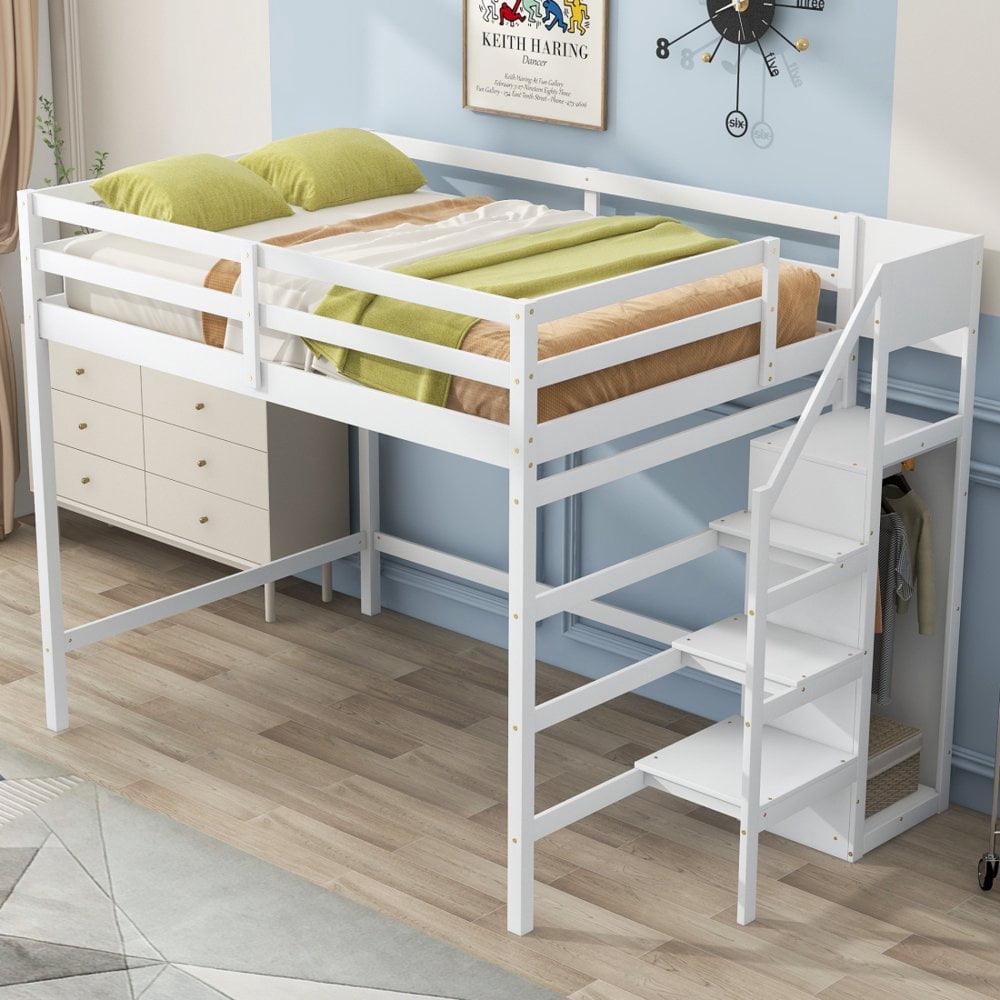 Gzxs Full Size Loft Bed with Built-in Storage Wardrobe and Staircase ...
