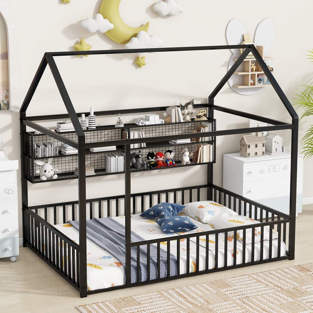 Gzxs Full Size Metal Floor Bed Frame in Playhouse Design, 3-Tier Grid ...