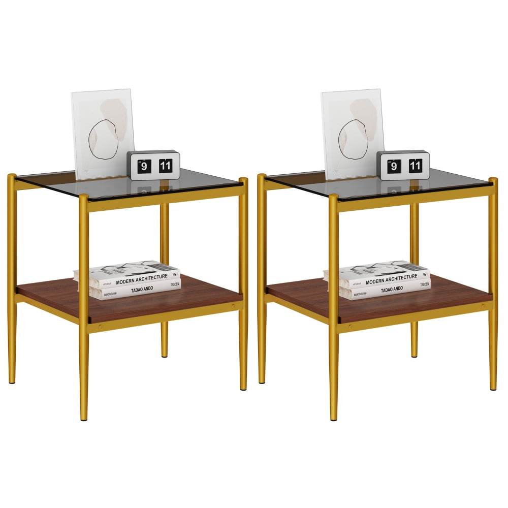 Gzxs Gold Metal Side Tables Set of 2, Small End Table with Gray Glass ...