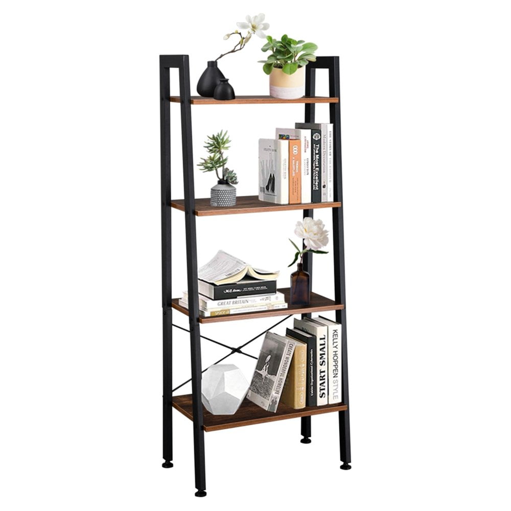 Gzxs Industrial Ladder Shelf Bookcase, 4 Tier Rustic Ladder Bookshelf ...