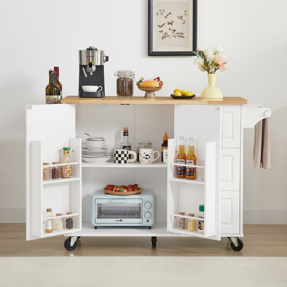 Gzxs Kitchen Island Cart with Rubber Wood Drop Leaf Countertop, Mobile ...
