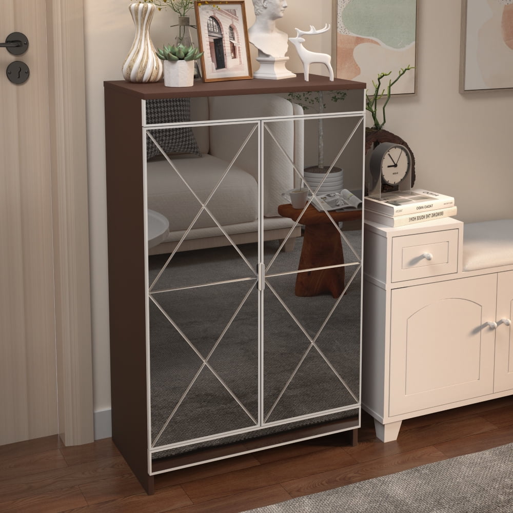 Gzxs Mirrored Shoe Cabinet with 2 Frosted Glass Doors, 4-Tier Modern ...