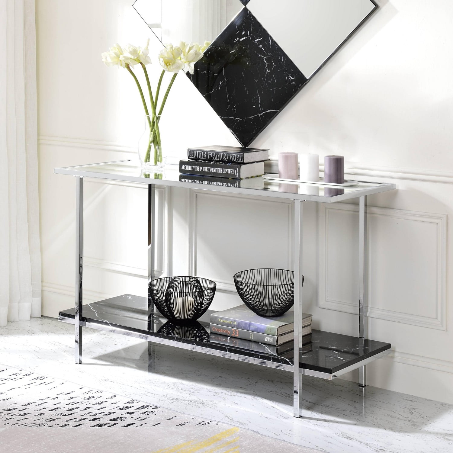 Gzxs Mirrored-Top Console Table, 2 Tier Entryway Table with Faux Marble ...