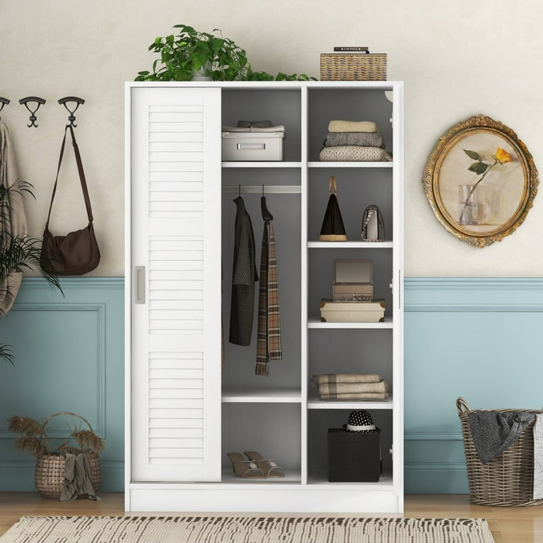 Gzxs Modern 3 Door Shutter Wardrobe with Hanging Rail and Shelves Wooden Clothes Storage Cabinet Organizer Armoire Closet for Bedroom Small Spaces