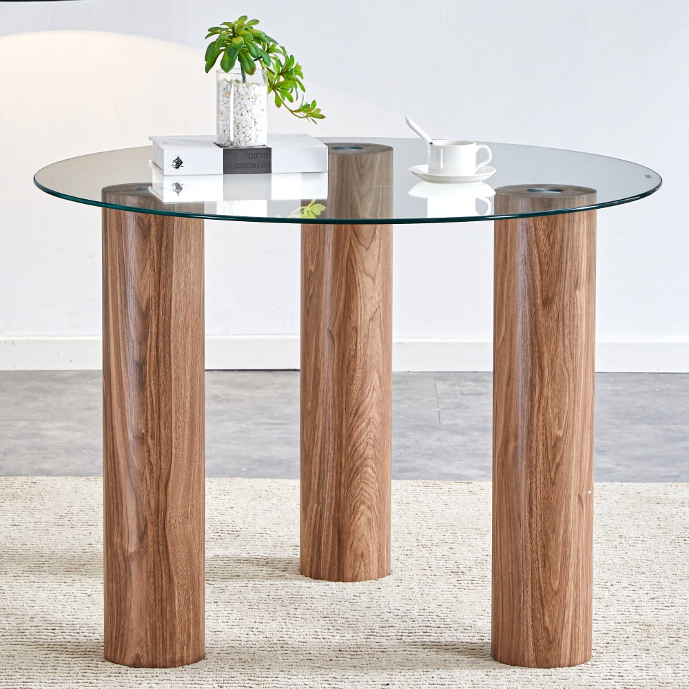 Gzxs Modern Clear Glass Dining Table with Brown Wood Legs, 40in Round ...