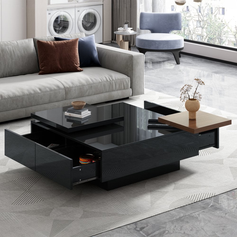 Gzxs Modern Square Coffee Table with 4 Hidden Storage Drawers, Movable ...